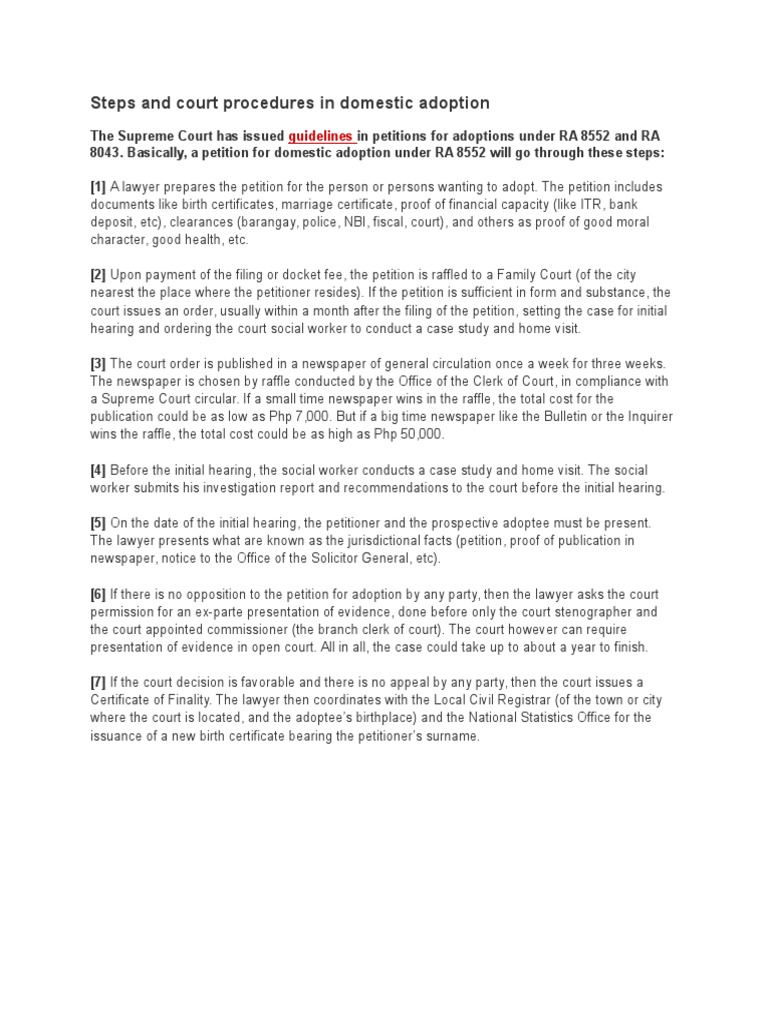 Steps and Court Procedures in Domestic Adoption | PDF | Birth ...