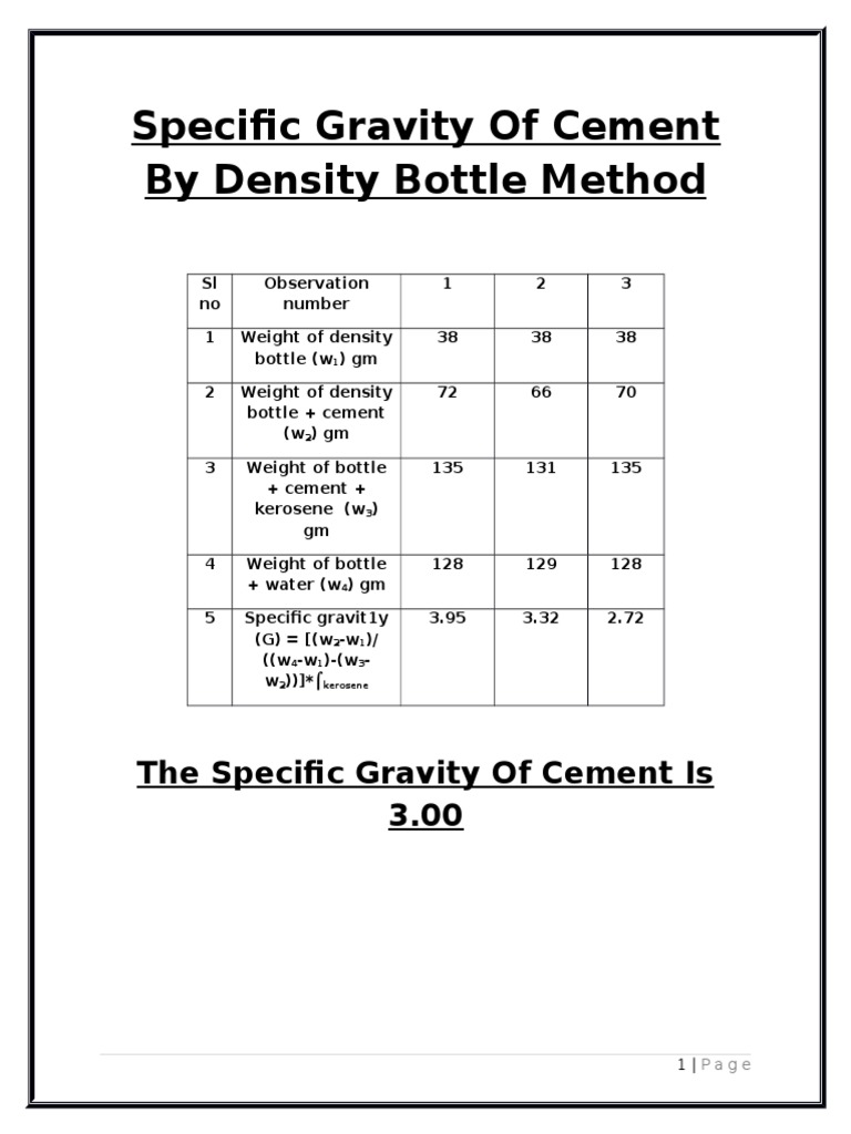 Specific Gravity of Cement by Density Bottle Method | PDF | Nature