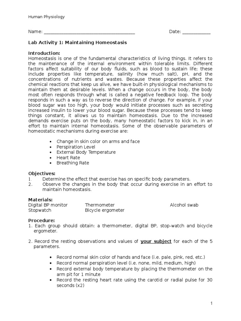 Maintaining Homeostasis Lab 1 | PDF | Homeostasis | Heart Rate