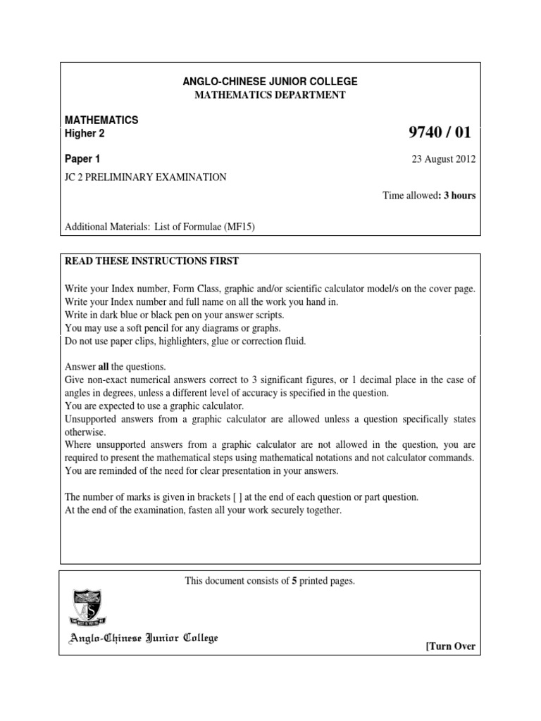 ACJC JC 2 H2 Maths 2012 Year End Exam Question Paper 1 | Download Free ...