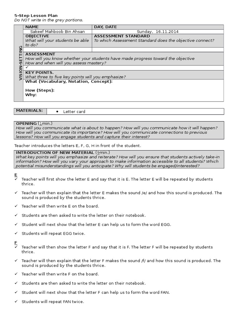 5-Step Lesson Plan Name Day, Date Objective Assessment Standard | PDF ...