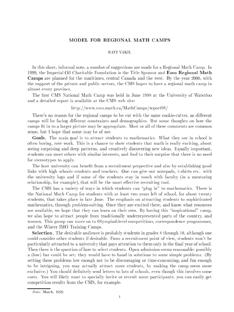 Model For Regional Math Camps | PDF | Teaching Mathematics | Cognition