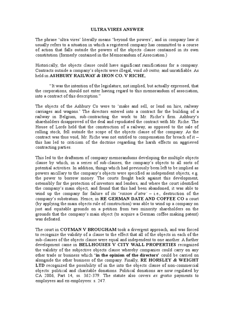 Ultra Vires Answer | Download Free PDF | Legal Concepts | Civil Law ...