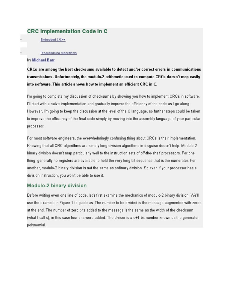 CRC Implementation Code in C | PDF | Division (Mathematics) | Bit