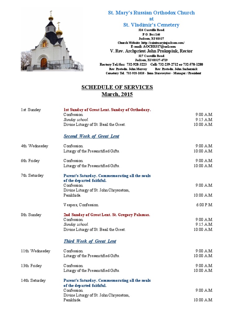 Schedule of Divine Services - March, 2015 | PDF | Eastern Orthodoxy ...