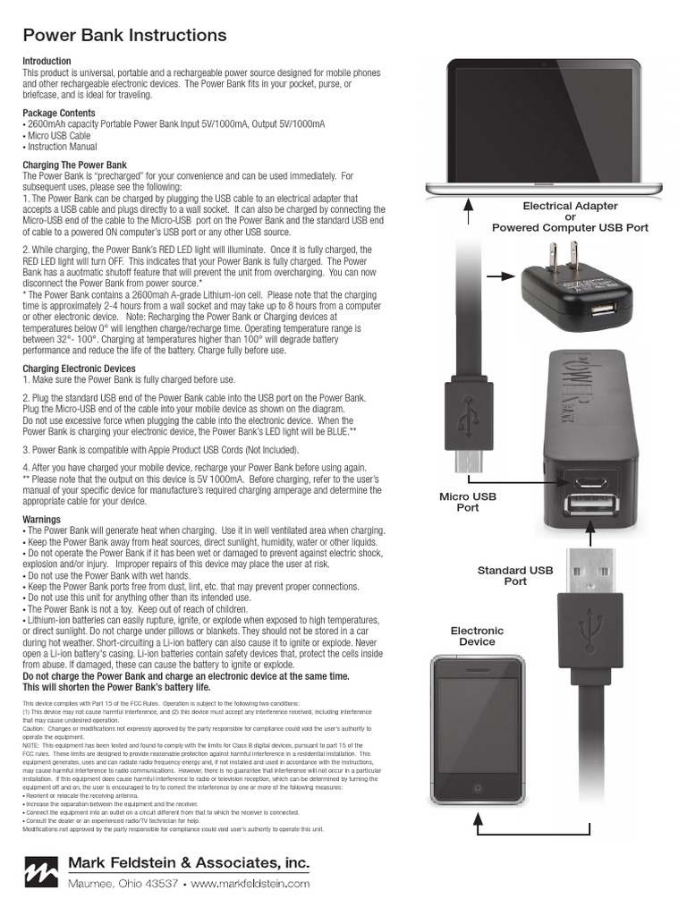Power Bank Instructions: Electrical Adapter or Powered Computer USB ...