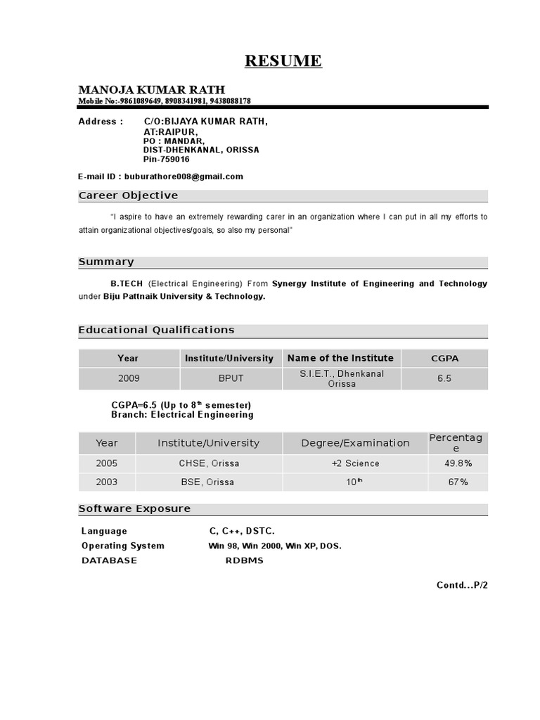 Electrical Engineer Resume of Manoj Rath | PDF | Career & Growth | Computers