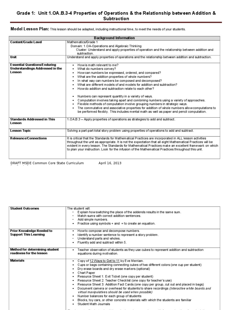Grade 1: Unit 1.OA.B.3-4 Properties of Operations & The Relationship ...