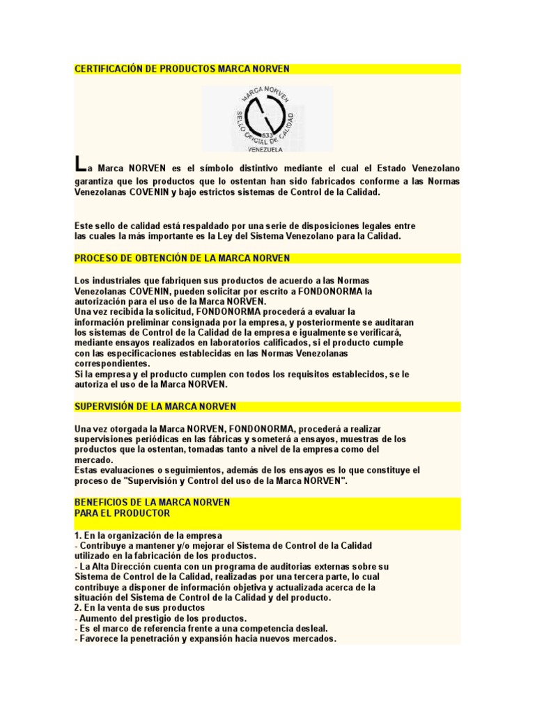Certificación de Productos Marca Norven | PDF | Marca comercial | Calidad (comercial)