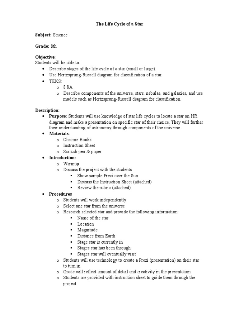 The Life Cycle of A Star Subject: Science Grade: 8th Objective | PDF ...