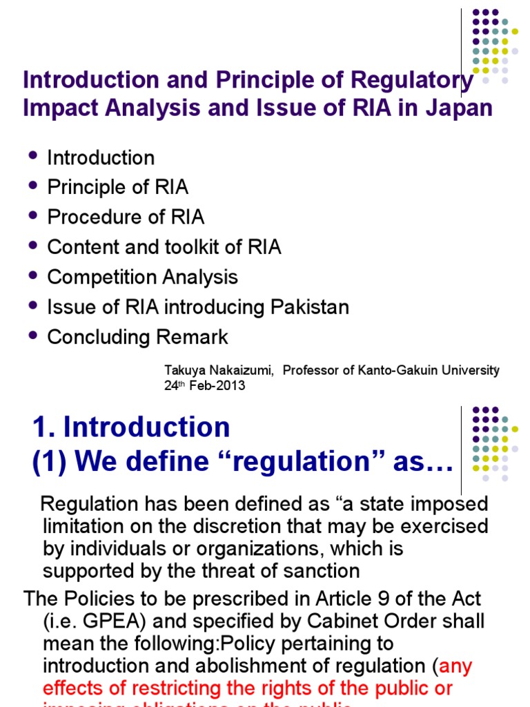 Introduction and Principle of Regulatory Impact Analysis and Issue of ...