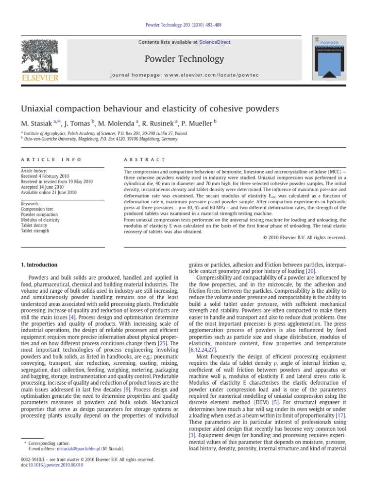 Uniaxial Compaction Behaviour and Elasticity of Cohesive Powders | PDF ...