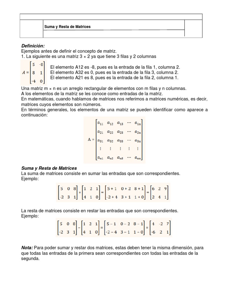 Suma y Resta Matrices | PDF
