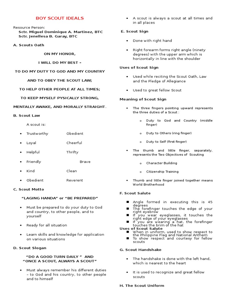 Boy Scout Ideals Handouts | Scouting | Youth Organizations