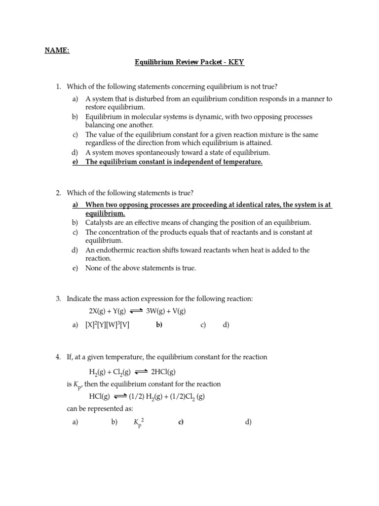 Equilibrium Review Packet - KEY | PDF | Chemical Equilibrium | Chemical ...