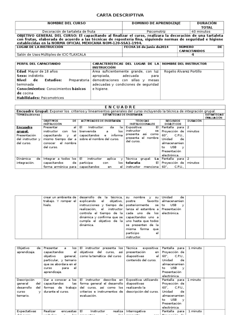 Ejemplo Carta Descriptiva Pdf Evaluación Aprendizaje