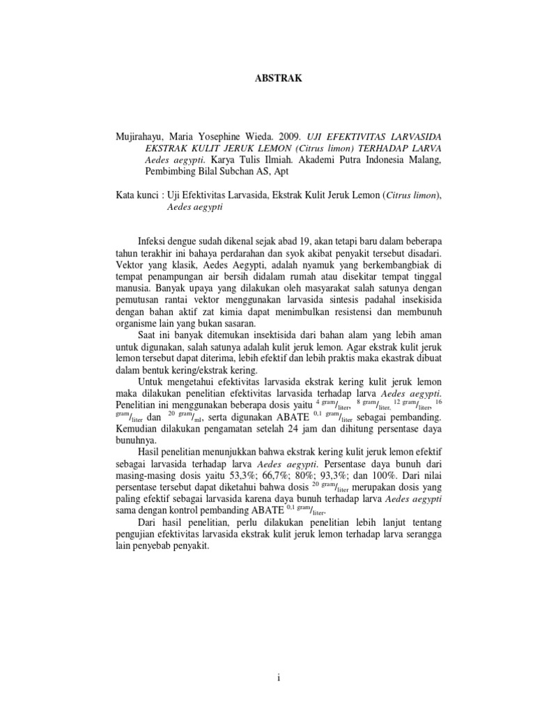 Uji Efektivitas Larvasida Ekstrak Kulit Jeruk Lemon (Citrus Limon ...