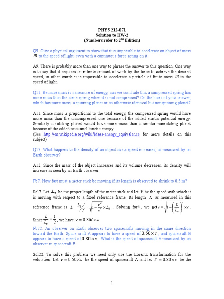 PHYS 212-071 HW-2 Solution (1) Physics | PDF | Electronvolt | Mass