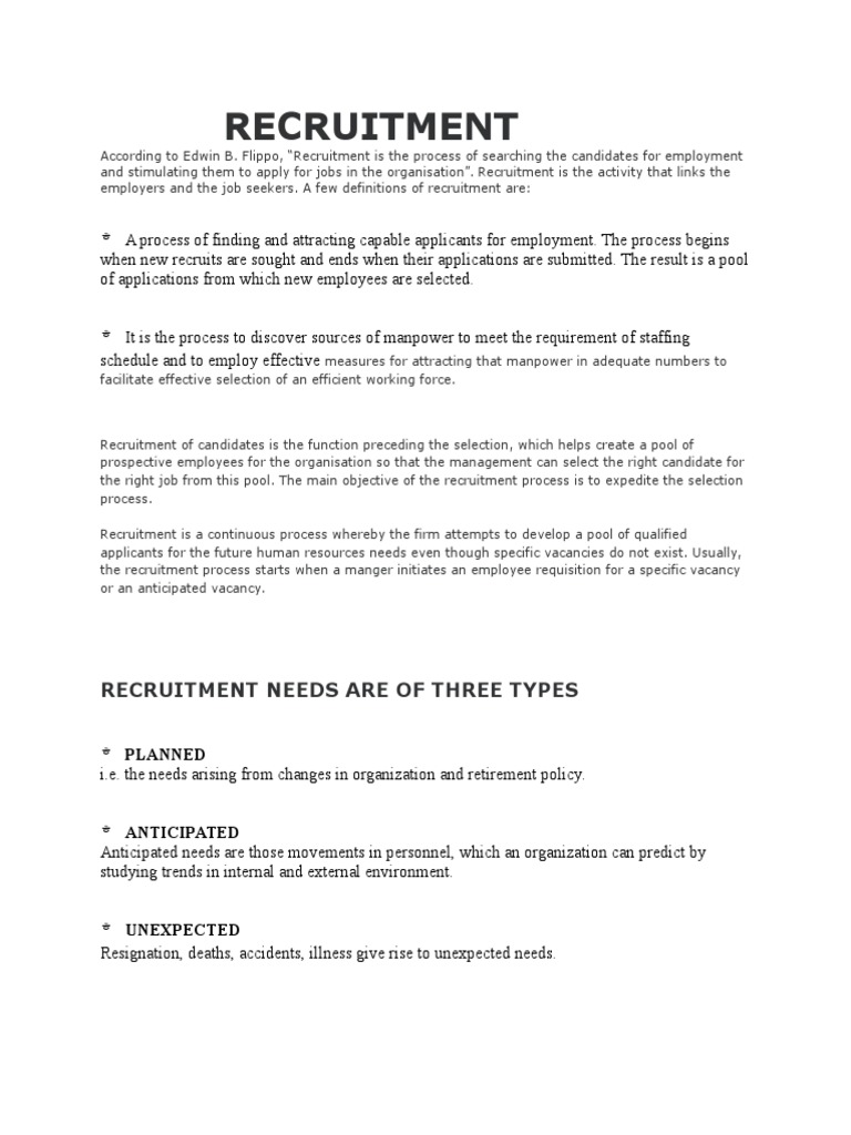 Recruitment: Recruitment Needs Are of Three Types | PDF | Recruitment ...