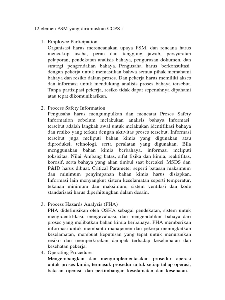 12 Elemen PSM Yang Dirumuskan CCPS | PDF