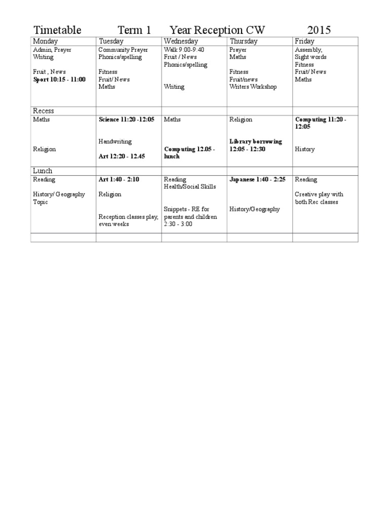 Timetable Term 1 Year Reception CW 2015 | PDF
