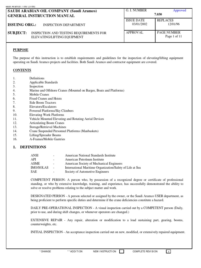 Aramco Lifting Equipment Inspection Guide | PDF | Crane (Machine ...