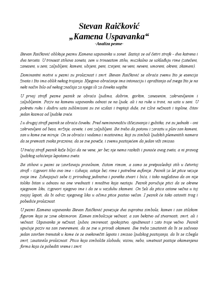 Kamena Uspavanka - Analiza | PDF