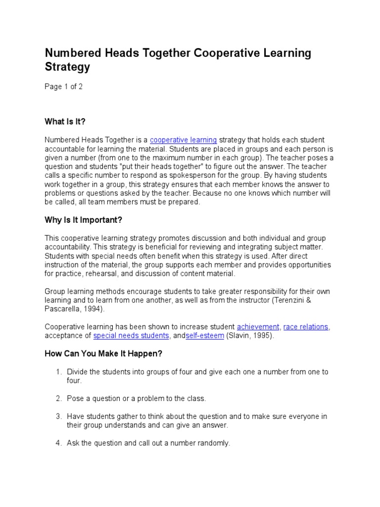 Numbered Heads Together Cooperative Learning Strategy | PDF | Learning | Psychological Concepts