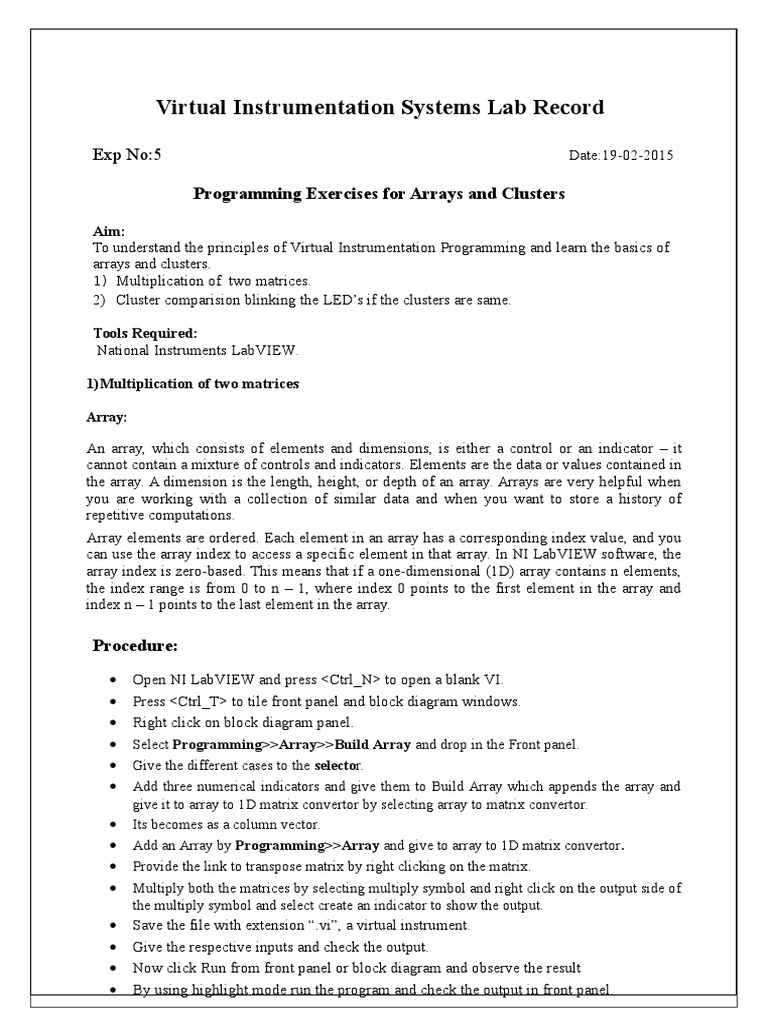 Virtual Instrumentation Systems Lab Record: Exp No:5 | PDF | Matrix ...