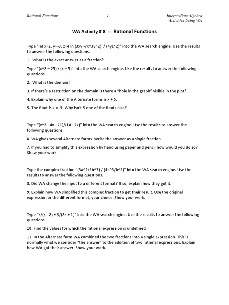 Wolfram - Alpha Activity - Topic, Rational Functions - Intermediate ...
