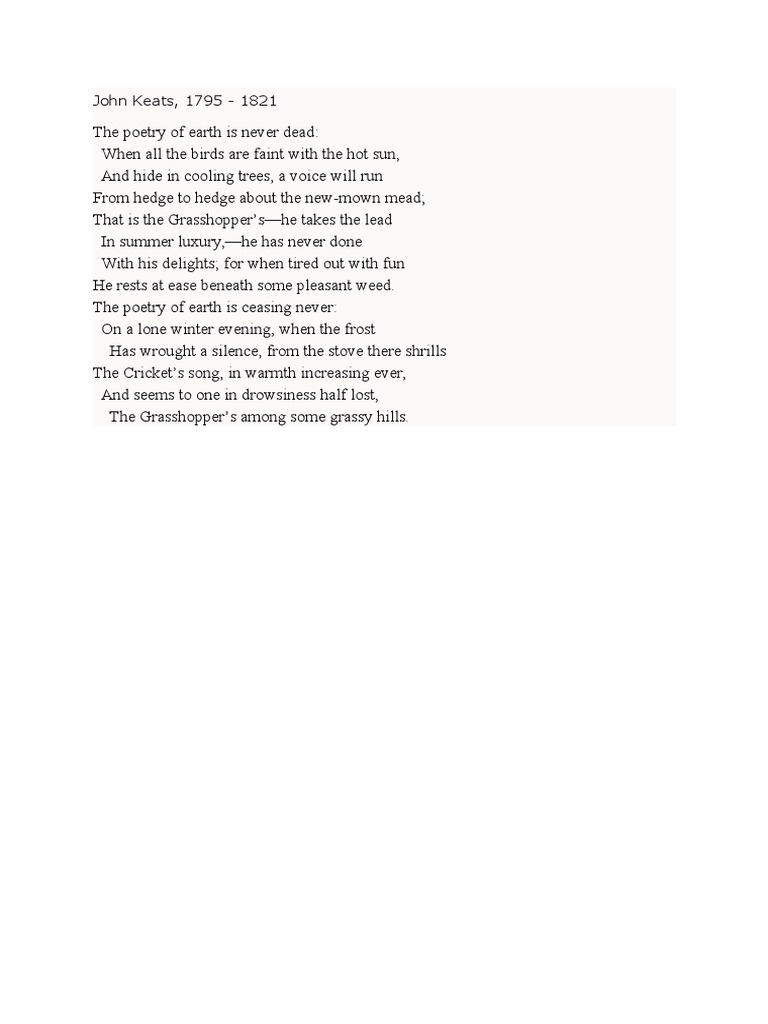 John Keats: The Grasshopper and Cricket | PDF