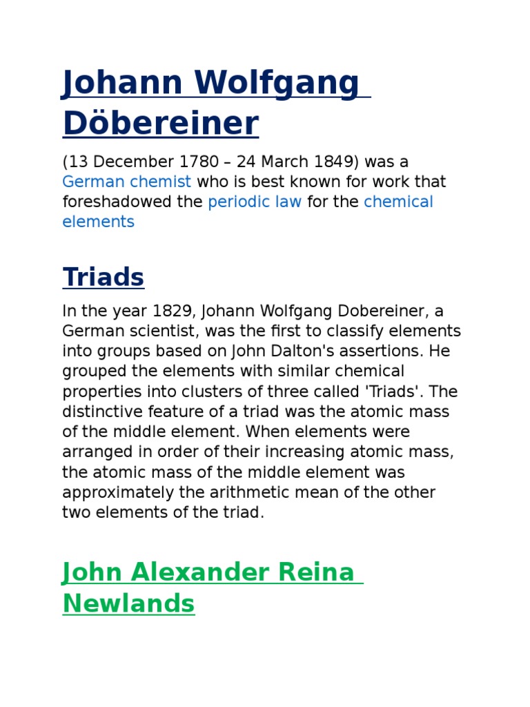 Johann Wolfgang Döbereiner: Triads | PDF | Atomic Physics | Chemistry
