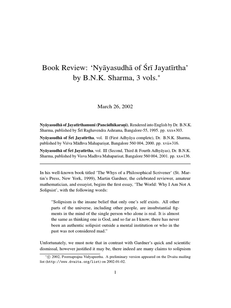 Review On Nyayasudha of Jayatirtha | PDF | Metaphysics | Religion And ...
