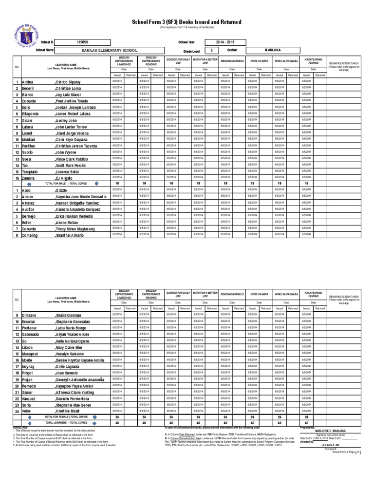 School Form 3 (SF3) Books Issued and Returned: School ID School Year ...