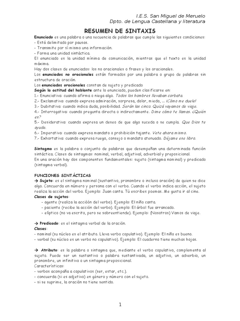 Resumen de Sintaxis y Funciones Sintácticas | PDF | Oración ...