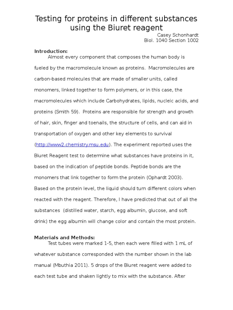 Lab Report - Testing For Proteins | PDF | Macromolecules | Proteins