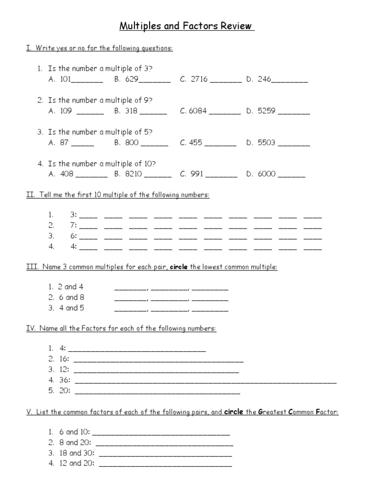 Multiples and Factors Practice Worksheet | PDF
