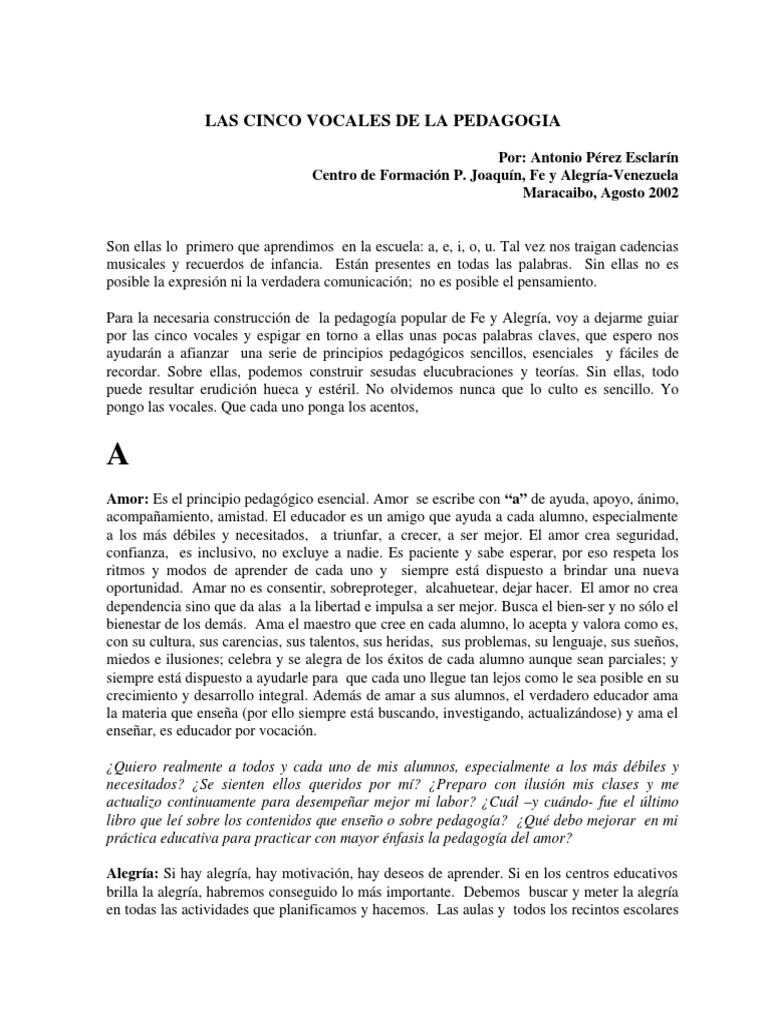 Cinco Vocales en la Pedagogía Emancipadora | PDF | Amor | Aprendizaje