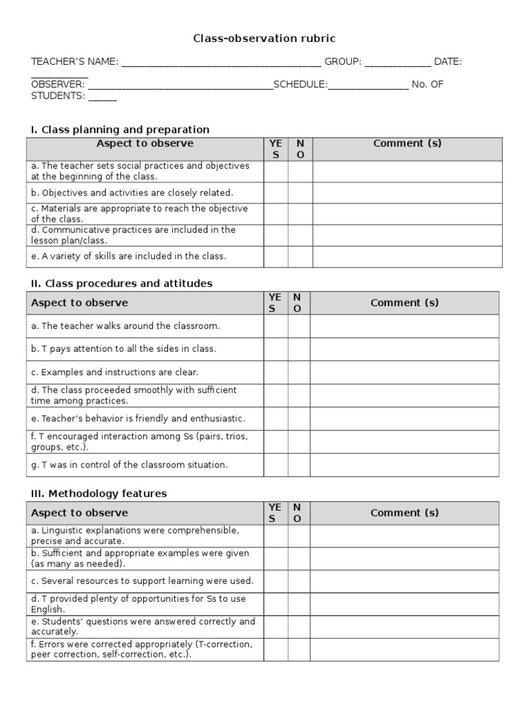 Class-Observation Rubric: I. Class Planning and Preparation Aspect To ...