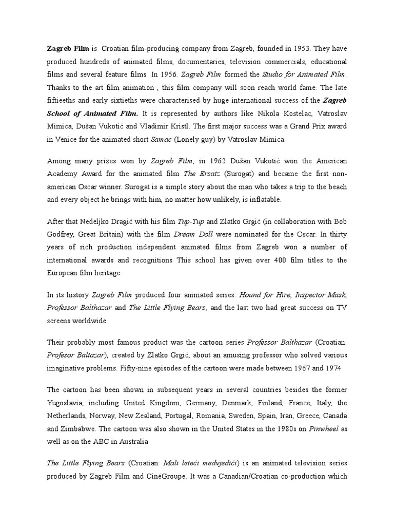 Zagreb School of Animated Film | PDF | Entertainment | Cinema