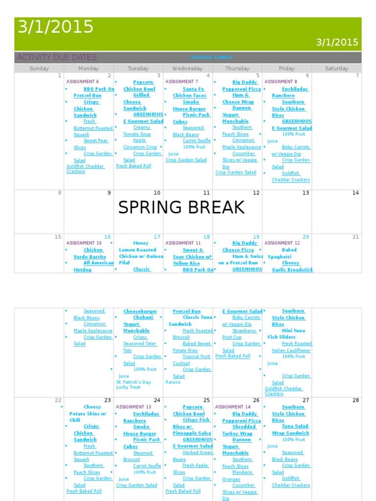 Lunch Assignment Menu | PDF | Salad | Lunch