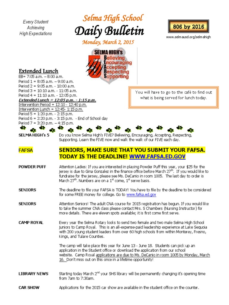 SHS Daily Bulletin 3-2-15 | PDF | Schools | Further Education