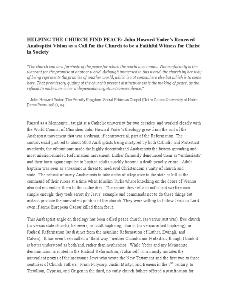 Yoder's Anabaptist Vision of Peace | PDF | Anabaptism | Jesus