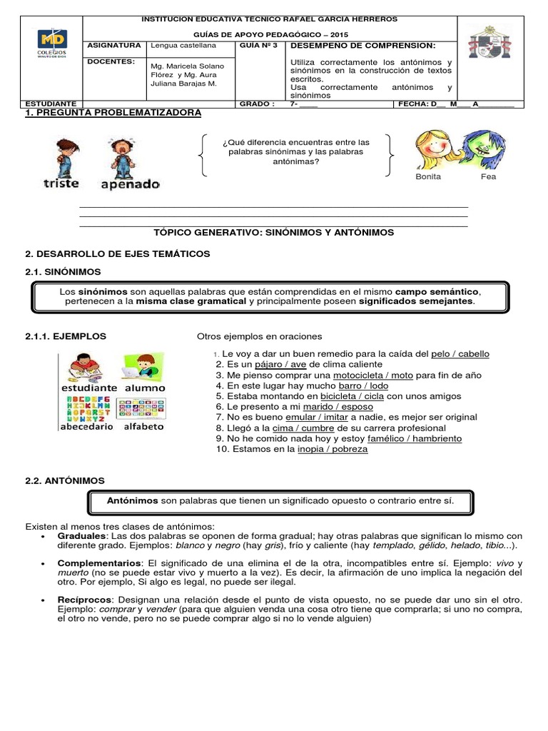 Guia No. 3 y Taller No.3 - 7° Sinonimos y Antonimos | PDF | Idiomas