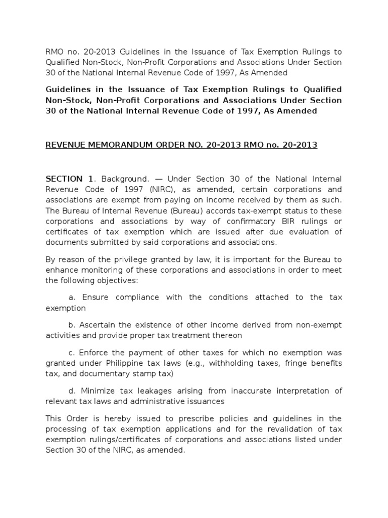 RMO No 20-2013 | PDF | Nonprofit Organization | Tax Exemption