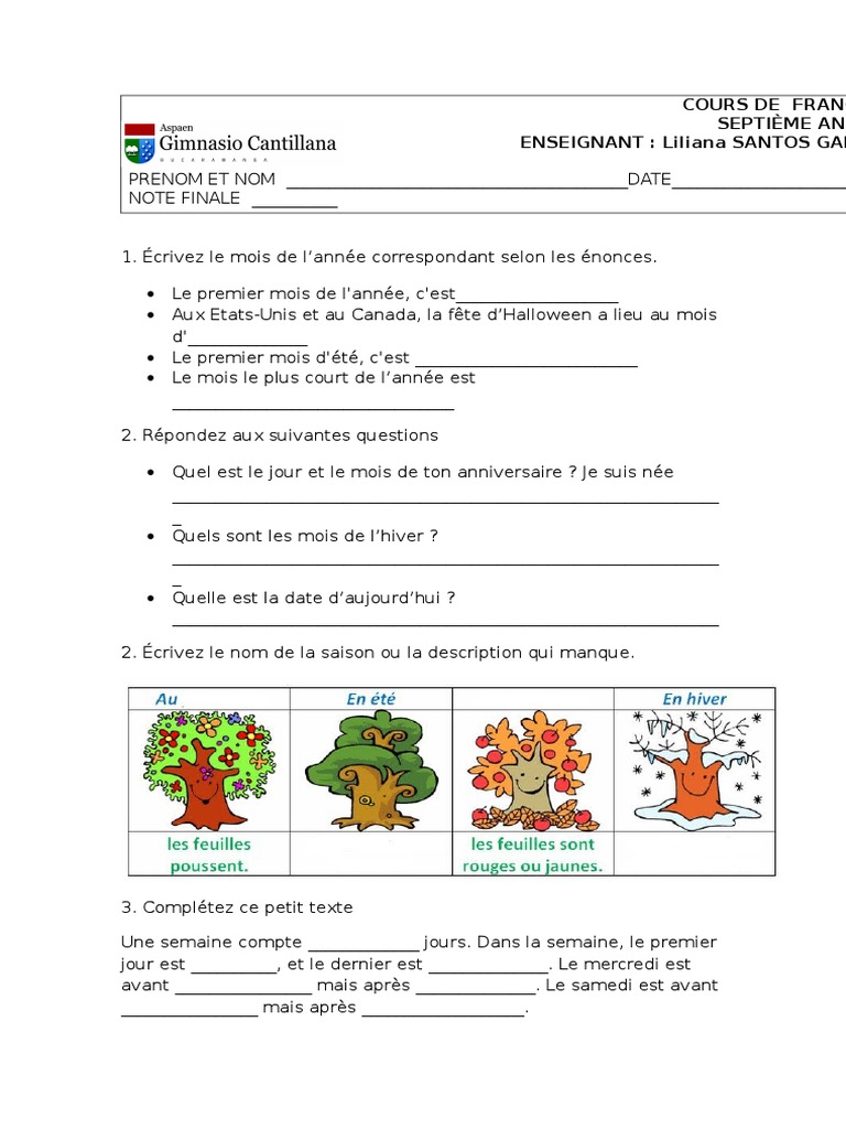 Exercices sur les mois de l'année | PDF