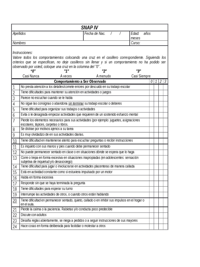 Escala SNAP IV para TDAH | PDF | Desorden hiperactivo y deficit de ...
