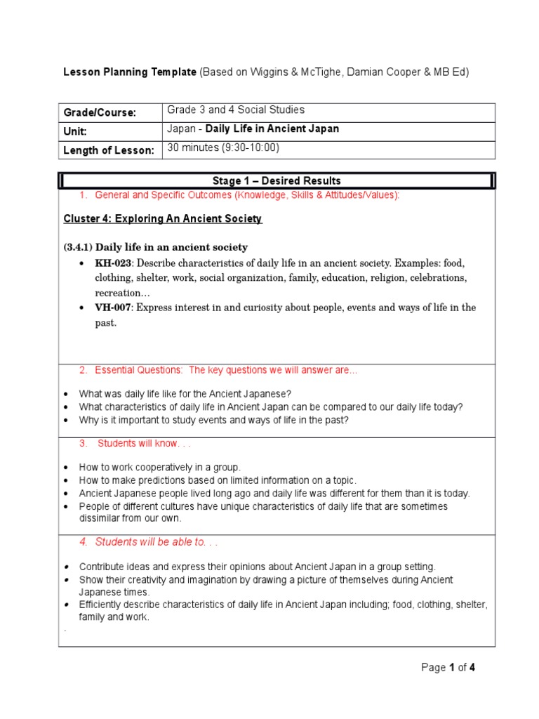 Daily Life in Ancient Japan Lesson Plan (S.S.) | PDF | Educational ...