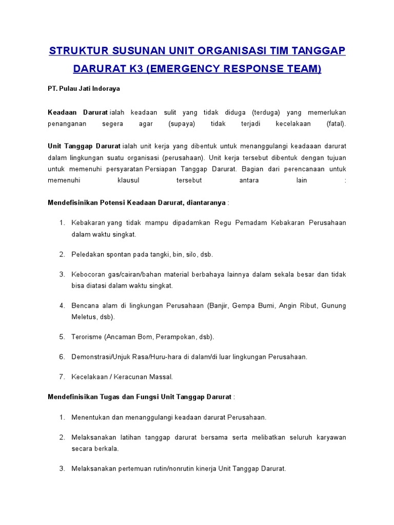 STRUKTUR DAN TUGAS UNIT TANGGAP DARURAT PT. PULAU JATI INDORAYA | PDF