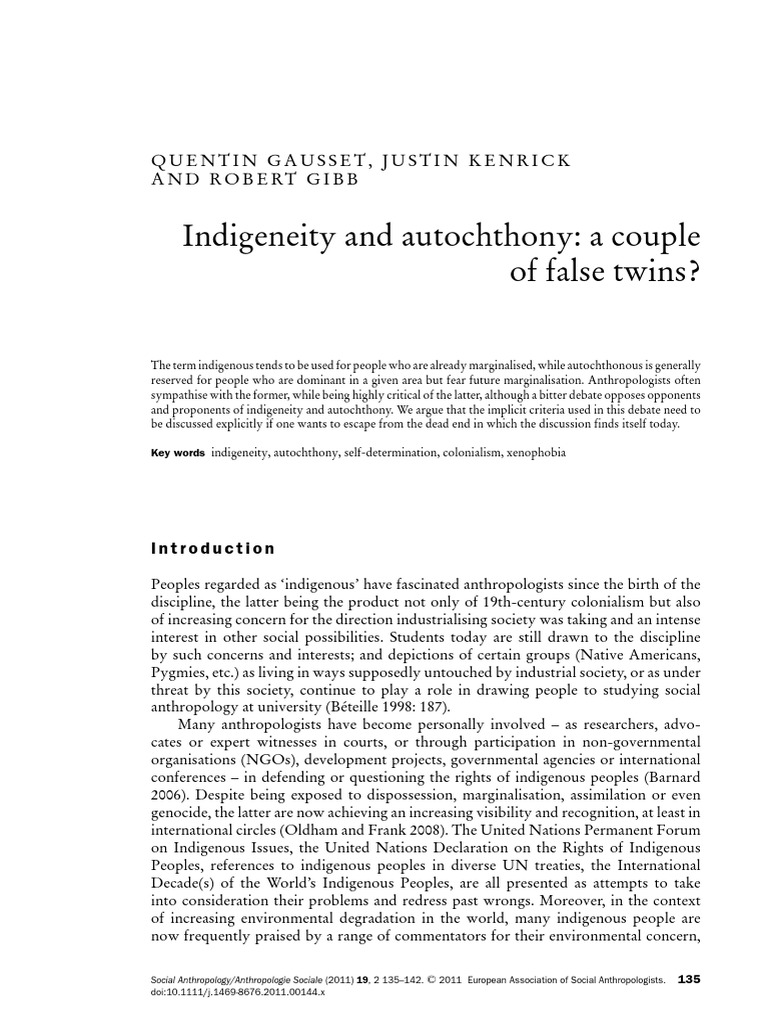 Indigeneity and Autochthony - A Couple of False Twins Quentin Gausset ...